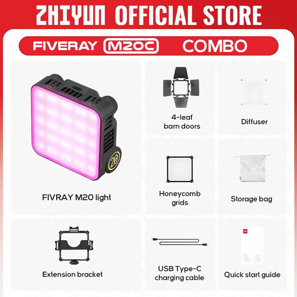 Официальный ZHIYUN FIVERAY M20C RGB 20 Вт M20 светодиодный светильник для видеосъемки 2500K-10000K огни для фотосъемки заполняющая лампа управление через приложение для фотостудии