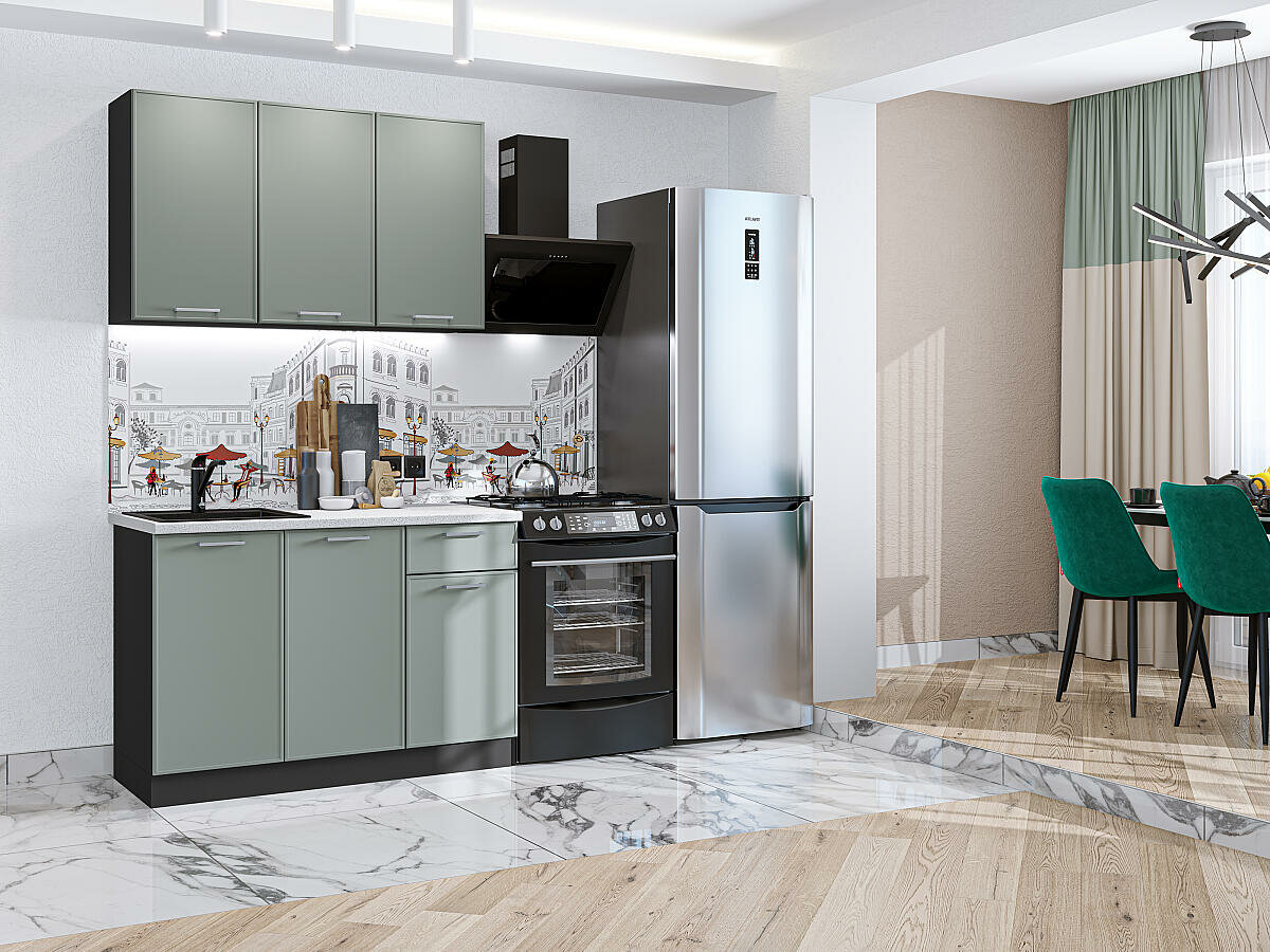Кухня Квадро-03, цвет фасада Аквамарин, цвет каркаса Graphite, 2140*1200*600 мм