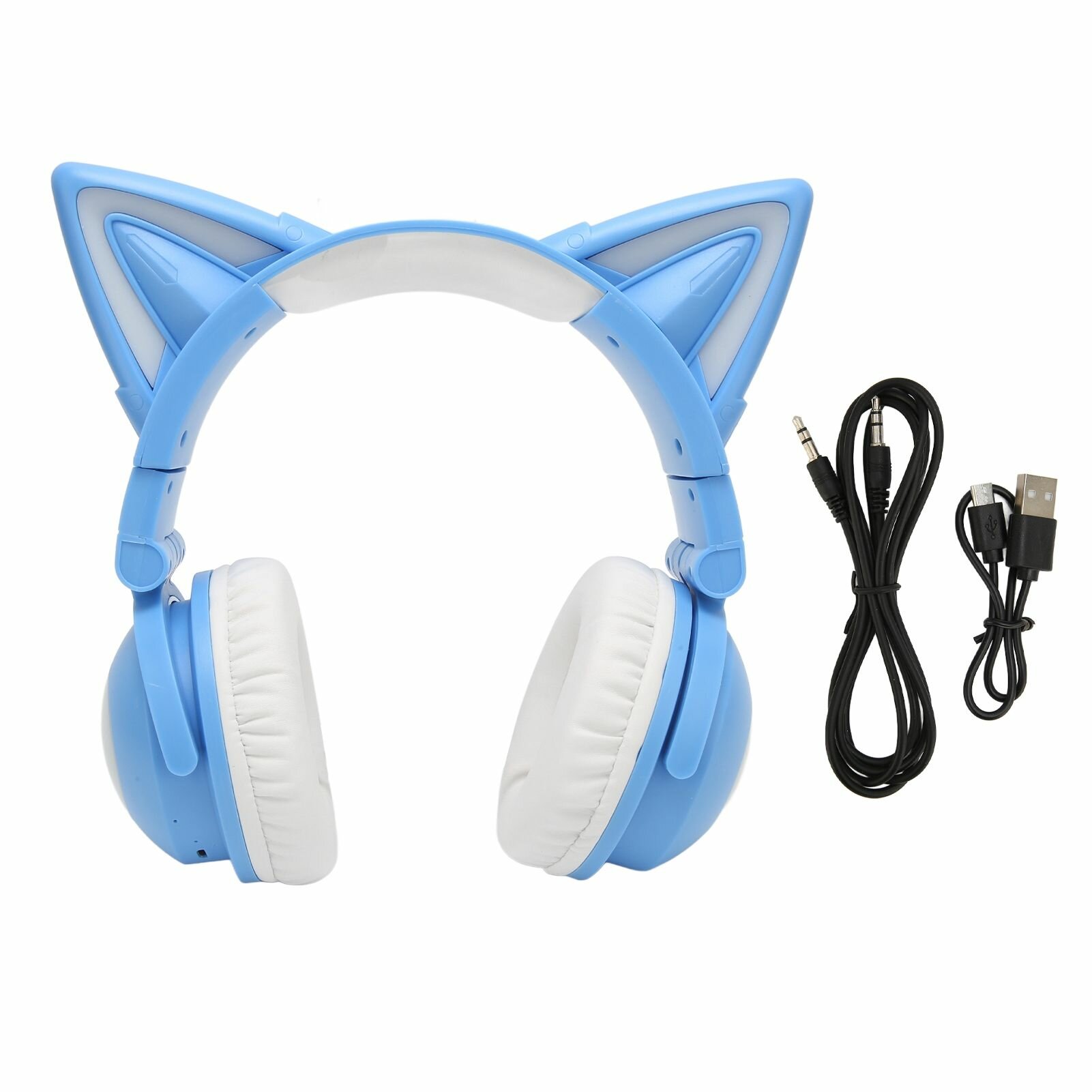 Bluetooth-гарнитура с кошачьими ушками, стерео, симпатичная, высокая чувствительность, встроенный микрофон, регулируемая светодиодная детская гарнитура с кабелем 3,5 мм, синяя