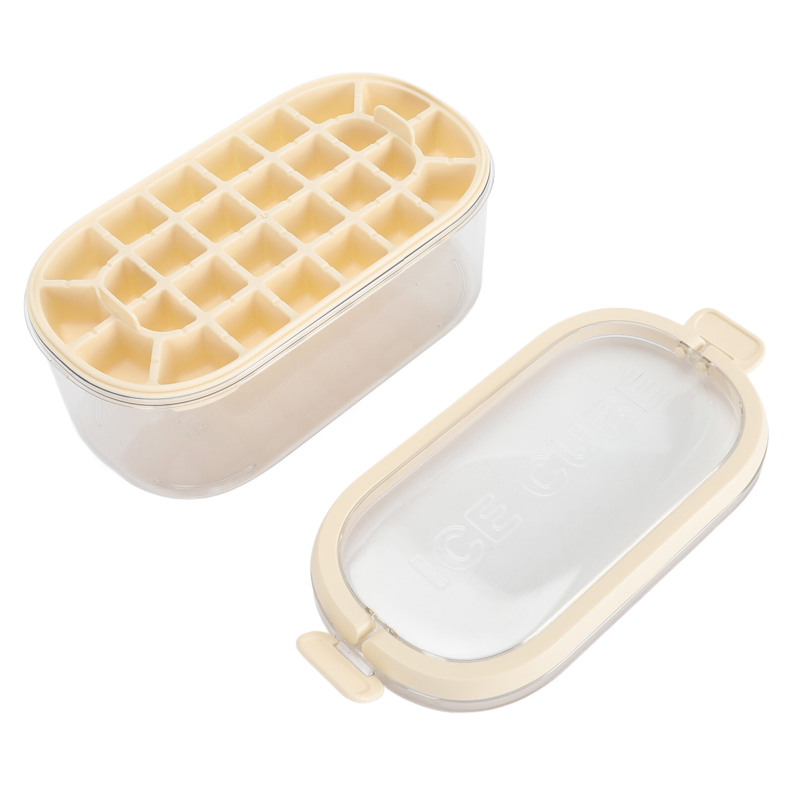 Лоток для льда с крышкой, контейнер для льда, 2 слоя, для морозильника, с крышкой, совок для льда, 28 квадратных кубиков льда, 26 круглых кубиков льда, бежевый