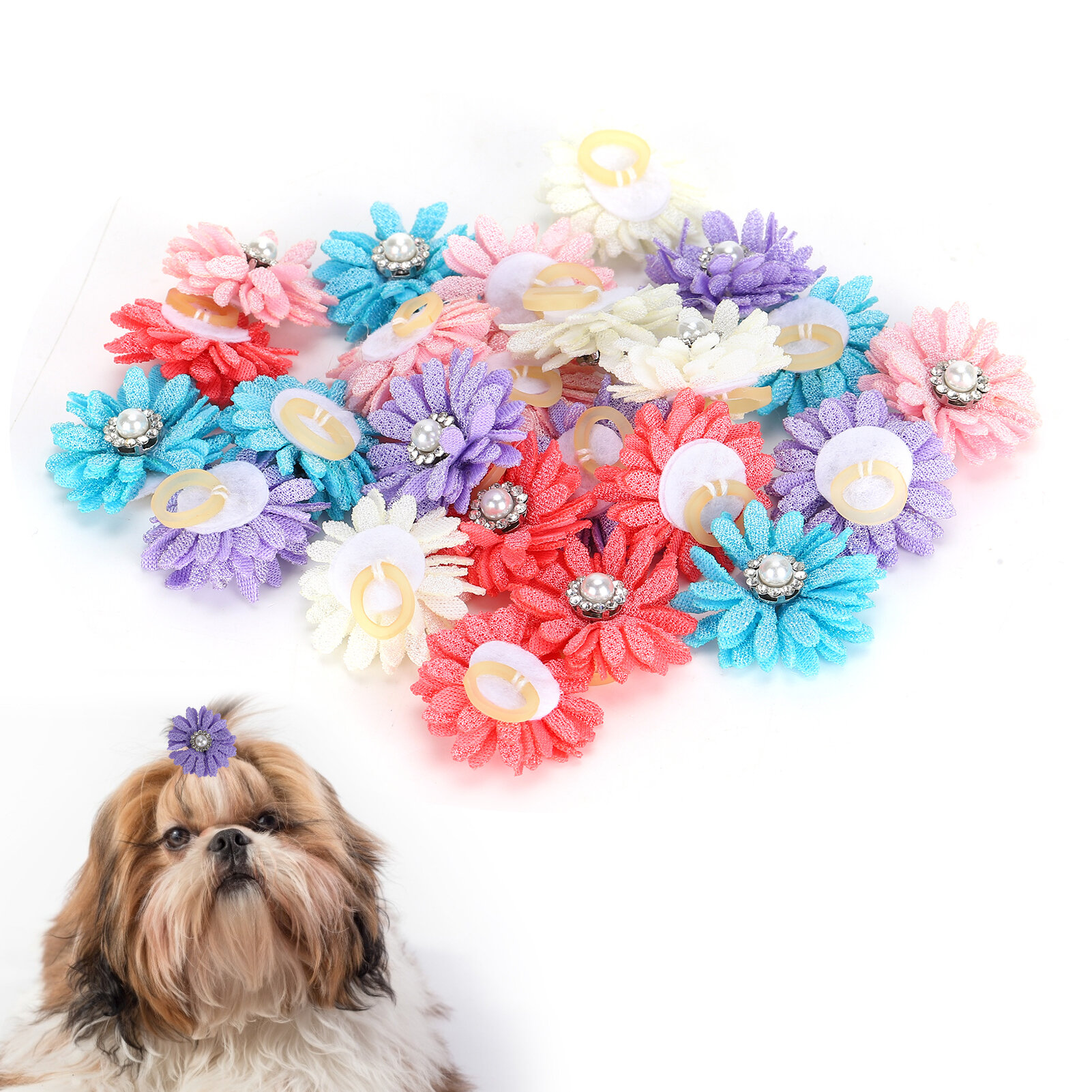 25 шт./лот, милые бантики для волос для собак и кошек, банты для ухода за волосами с цветами и резинками для домашних животных