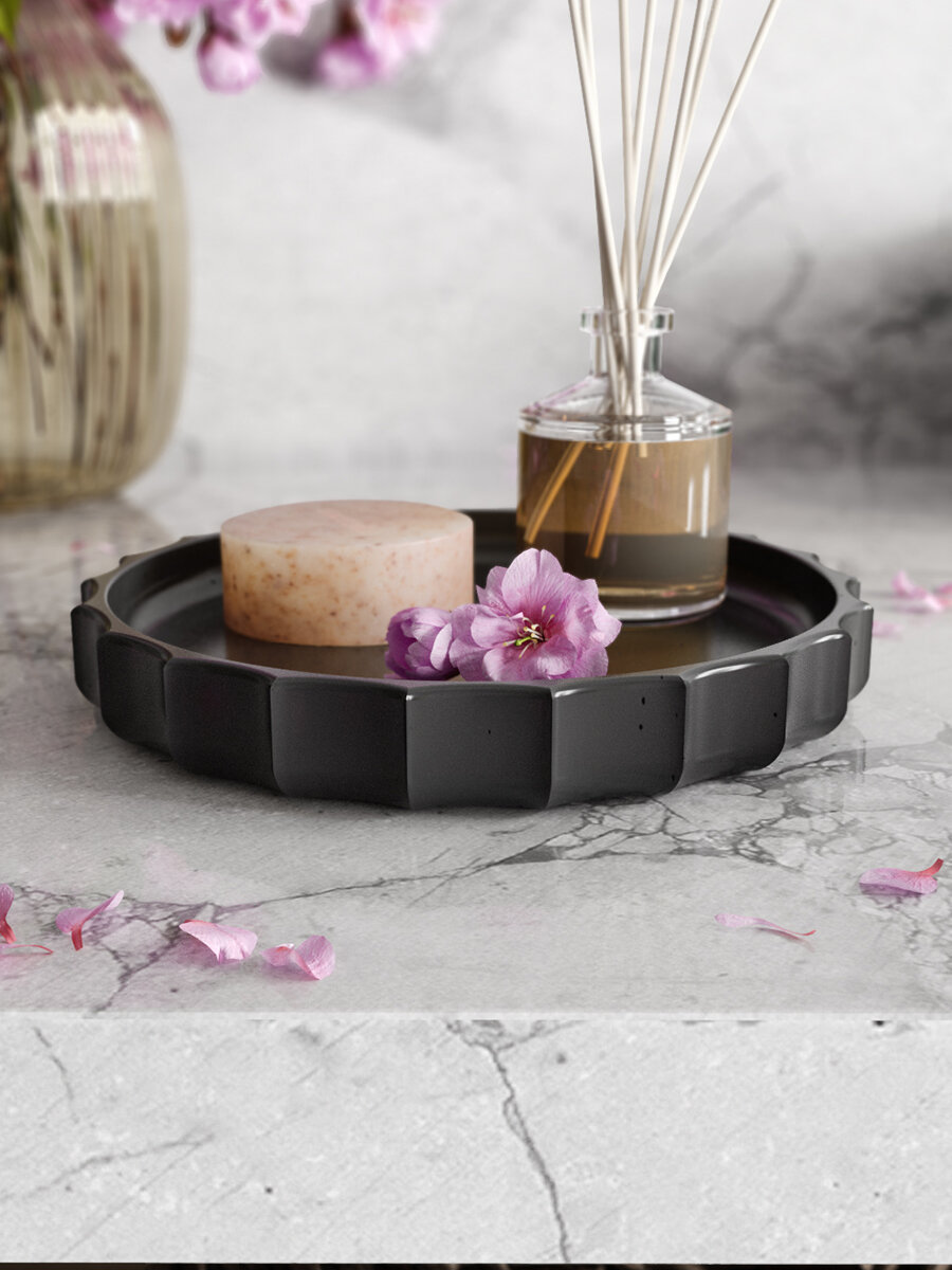 Поднос для ванной, подставка для косметики, 17х17 см. черная глянцевая.