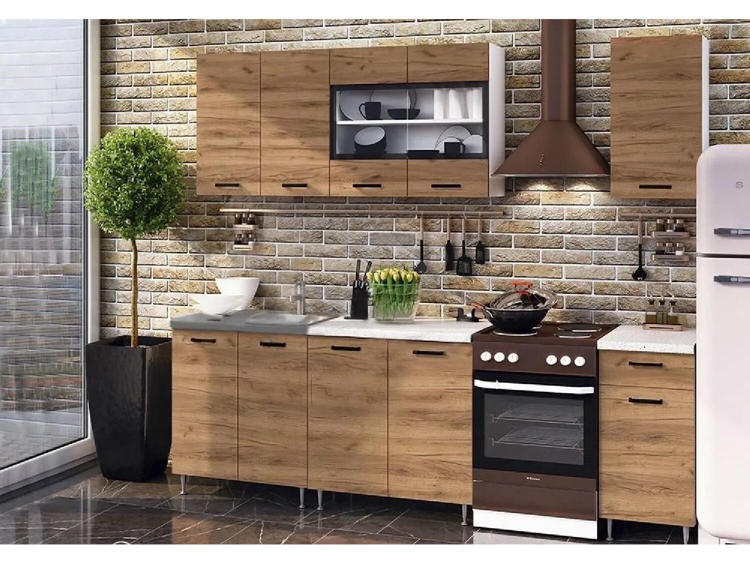 Кухонный гарнитур в современном стиле, фасады ЛДСП, 1,8м дуб крафт