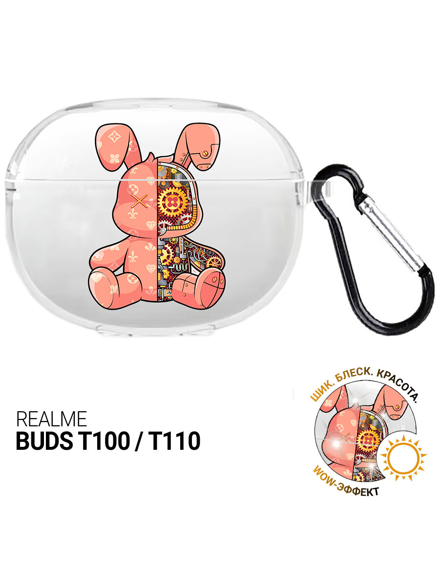 Чехол на Realme Buds T100 / T110 с принтом "Персиковый Кролик с механизмом" прозрачный