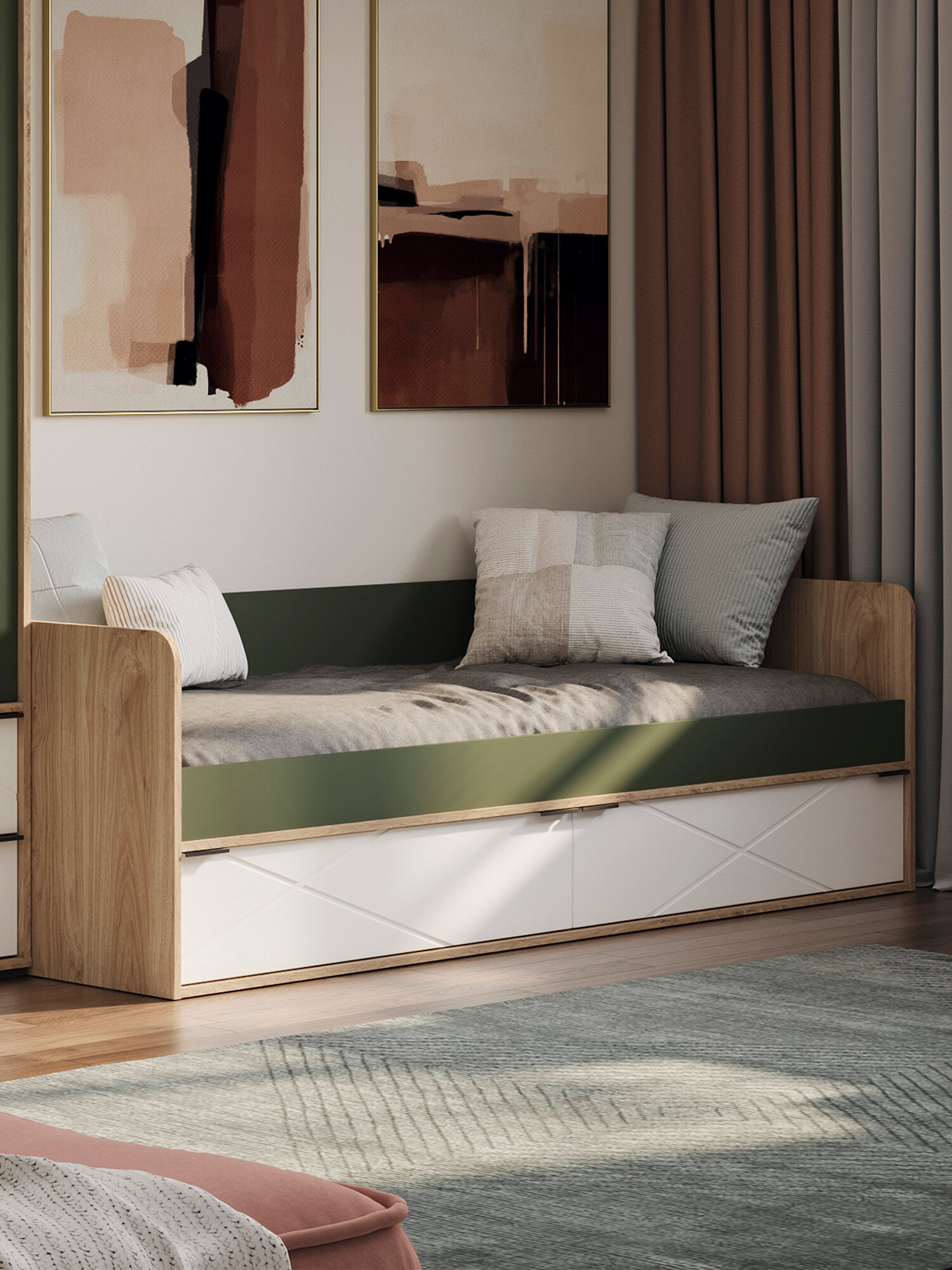 Диван кровать, детская " Лео" (Гикори джексон/Белый матовый/Дымчатый зеленый)