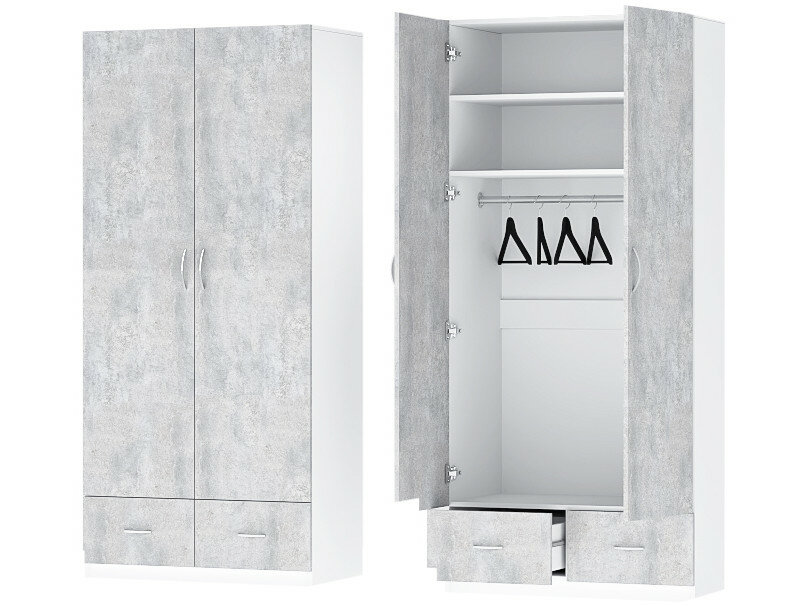 Детский Шкаф 2-х створчатый ЛДСП, с штангой для вешалок, Белый/Цемент светлый