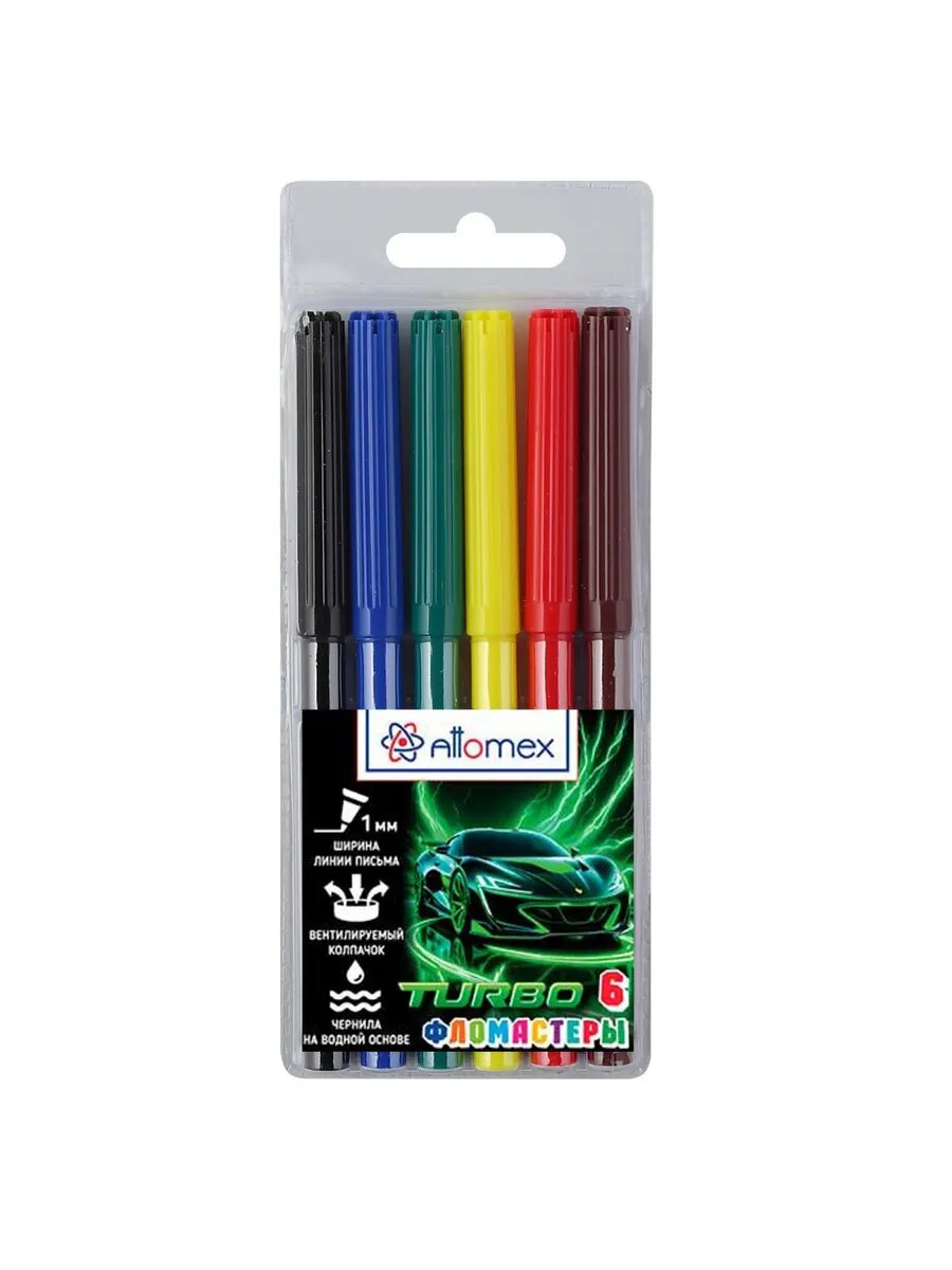Набор фломастеров для рисования Attomex Turbo, 6 цветов, на водной основе