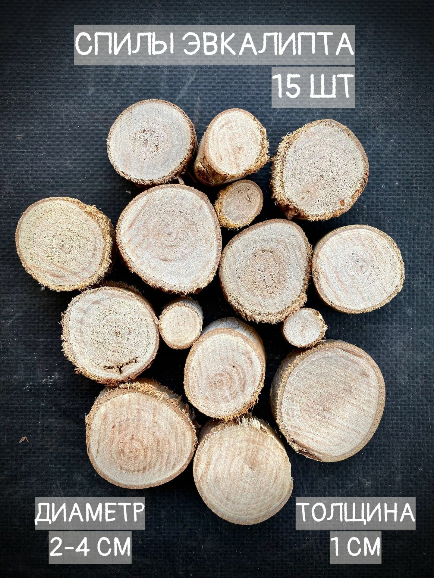 Спилы Эвкалипта, диаметр 2-4 см, толщина 1 см, 15 шт