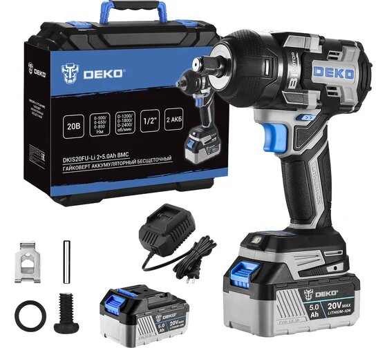 Гайковерт аккумуляторный бесщеточный DEKO DKIS20FU-Li, 20В, 2х5.0Ач, 1000 Нм, в кейсе 063-4433