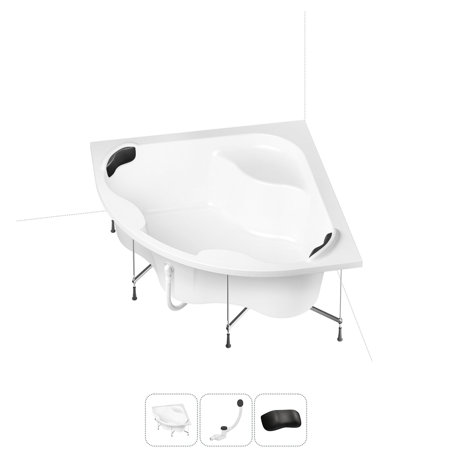 Угловая ванна акриловая 140 x 140 с каркасом Lavinia Boho Aveo 20221023R в наборе 4 в 1: акриловая ванна, каркас, слив-перелив, подголовник