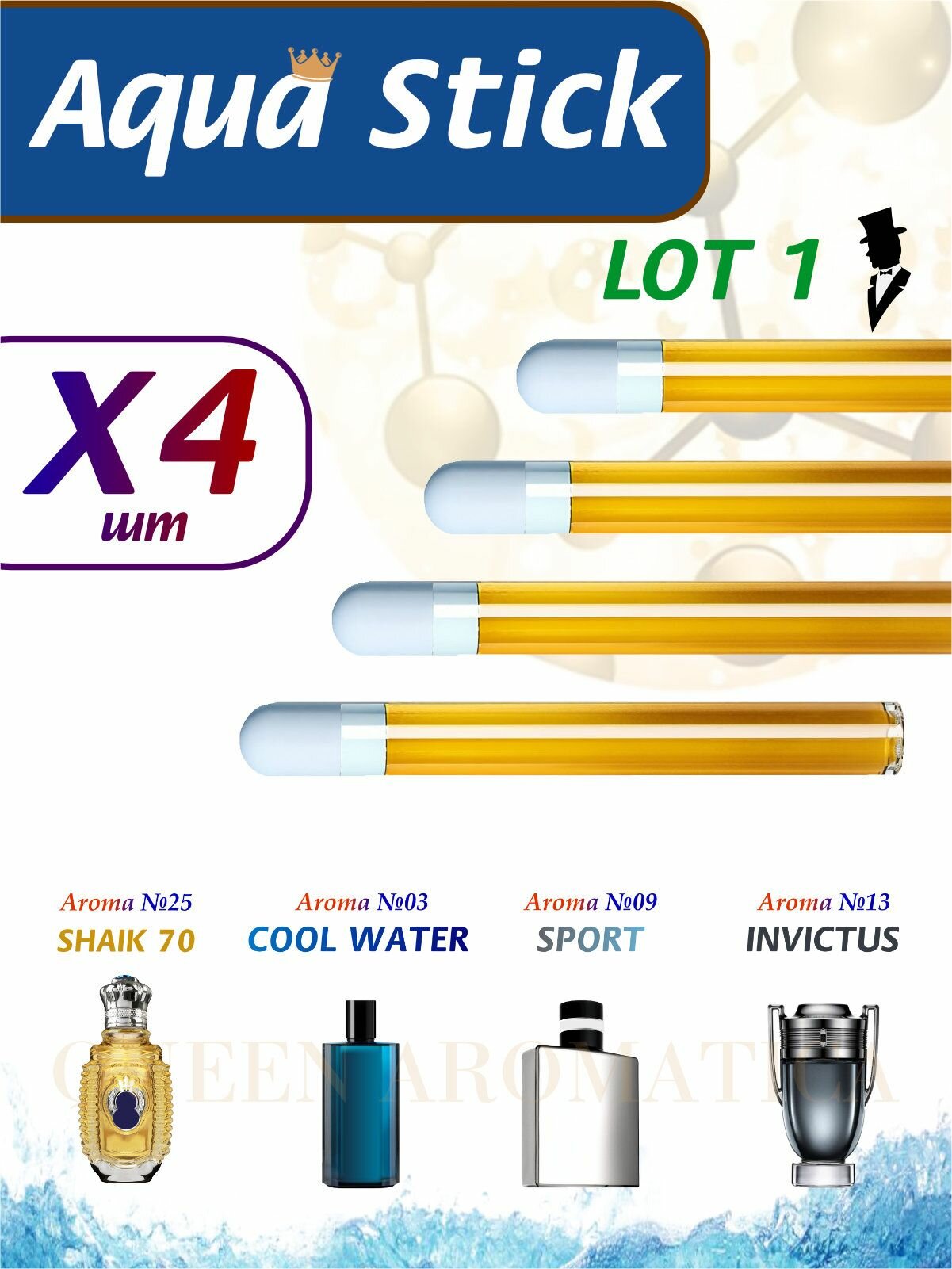 Queen Aromatica Сменные арома стики AQUA - Набор (4 Aq St M1) / Ароматизатор для автомобиля