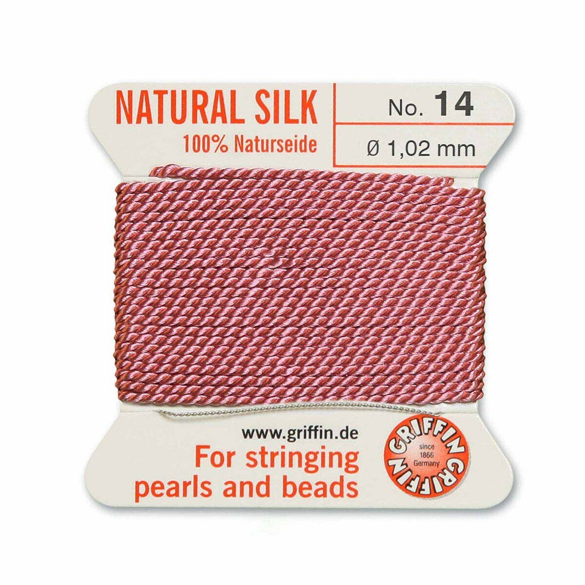 Нить шелковая, Griffin No.14 (1.02мм), цвет вялая роза, с иглой, моток, 2 метра
