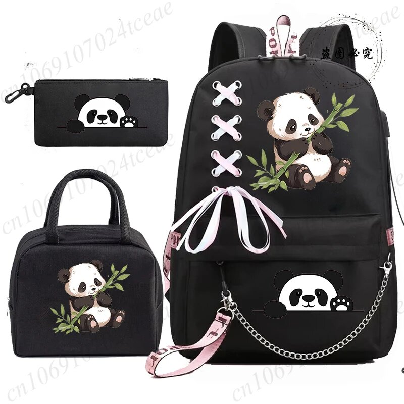 Школьная сумка для подростков, рюкзак для подростков, школьные ранцы с 3D принтом панды и портативными сумками для обеда Mochila, 3 шт. 250629-4-3-5