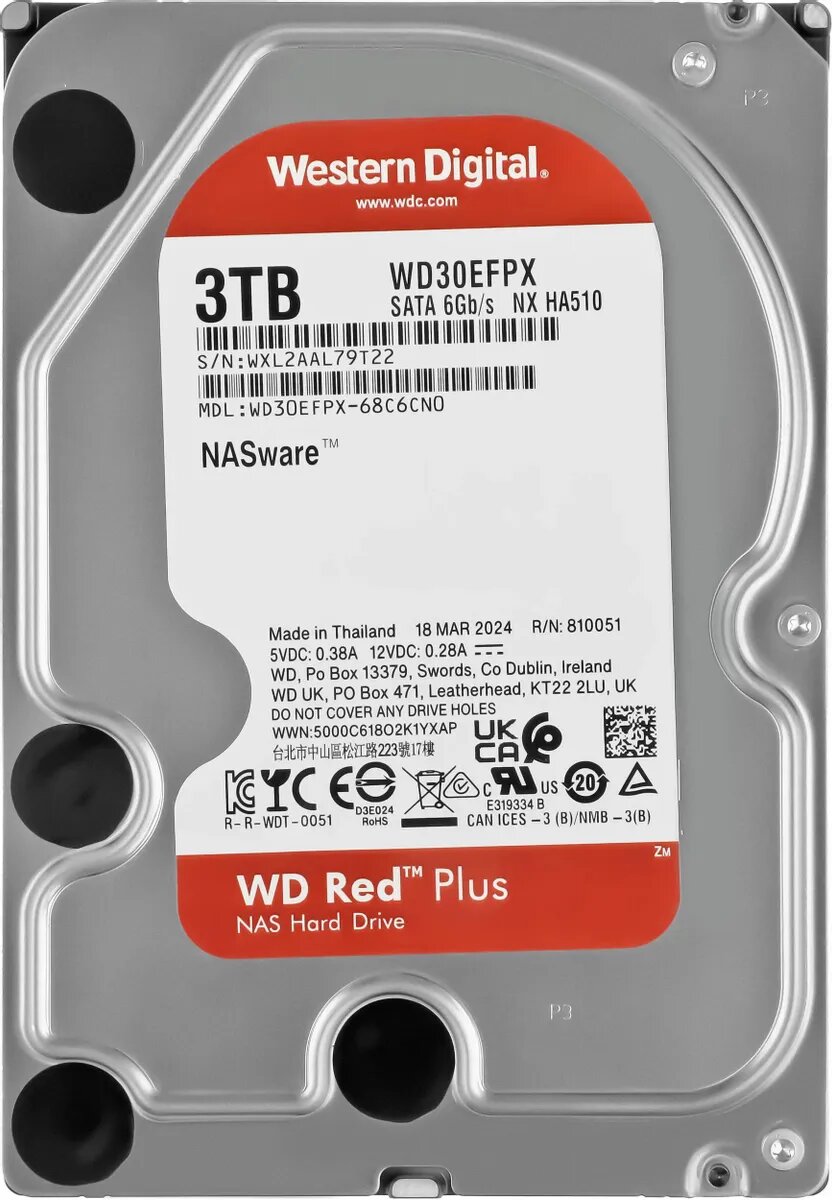 WD30EFPX / Жесткий диск WD Red Plus WD30EFPX, 3ТБ, HDD, SATA III, 3.5"