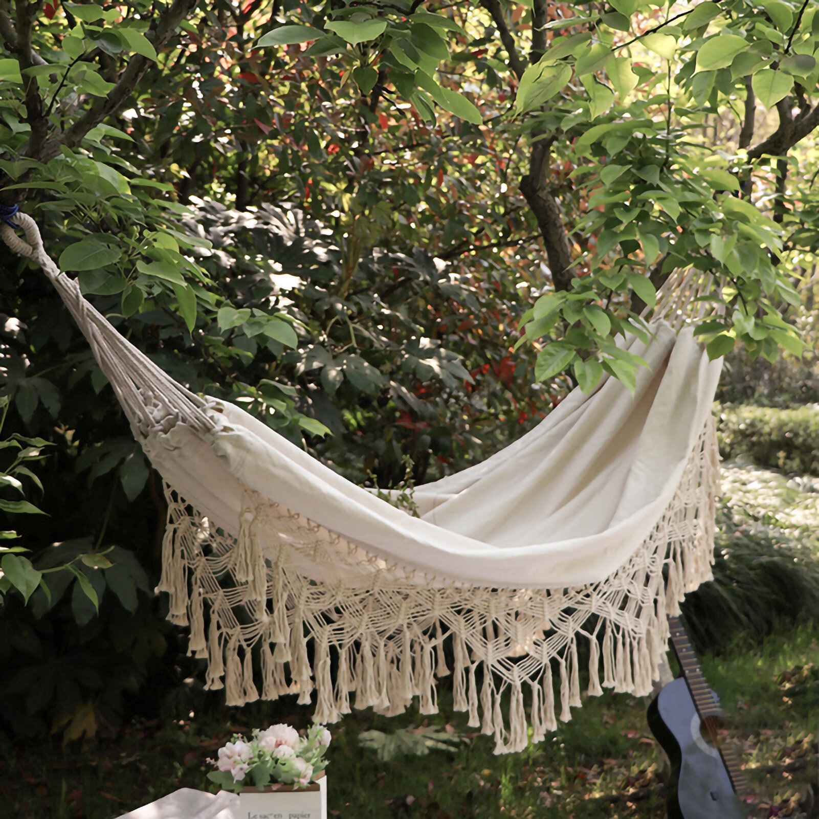 Двойной гамак, портативный гамак для взрослых в деревенском стиле с кисточками и 2 завязками, сумка для хранения для кемпинга, в помещении, на открытом воздухе, бежевого цвета