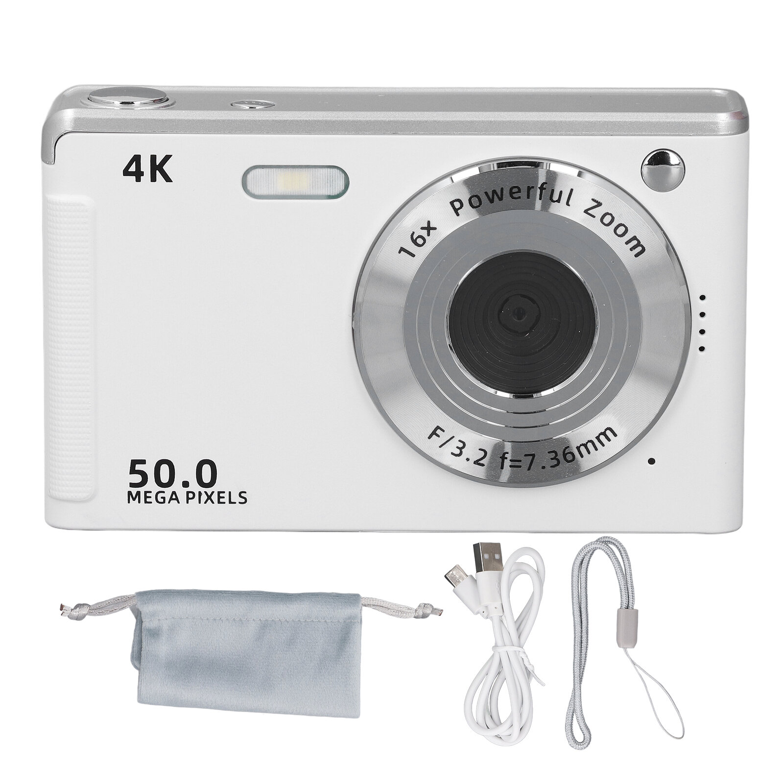 4K Digital Camera 16X Zoom Anti Shake 50MP Autofocus Compact Camera with Fill Light for Boys Girls Kids Student White