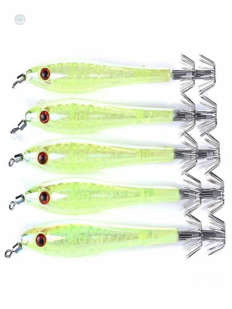 Светящиеся приманки для кальмаров 5шт каракатицы с 3D-глазами и двойным крючком, эффект свечения в темноте