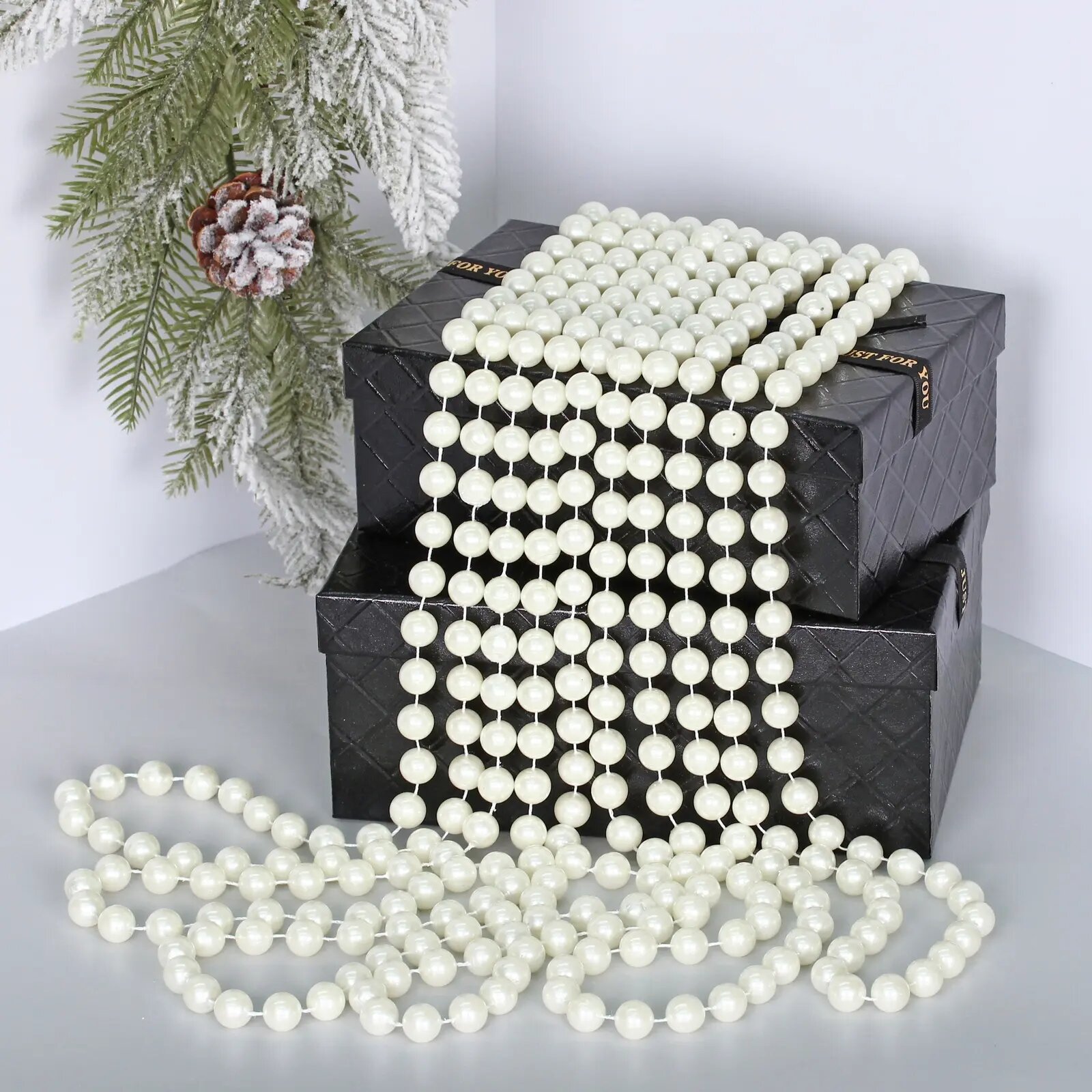 Гирлянда из бусин декоративная для ёлки, 10 м, белый жемчуг, диаметр 14 мм, на пластиковой бобине