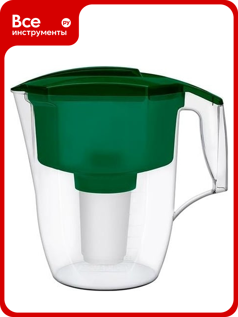 Удобный и эффективный водоочиститель в виде кувшина с вместимостью для значительного объема воды, стильный зеленый цвет, замена картриджа для фильтрации от хлора, свинца и тяжелых металлов.