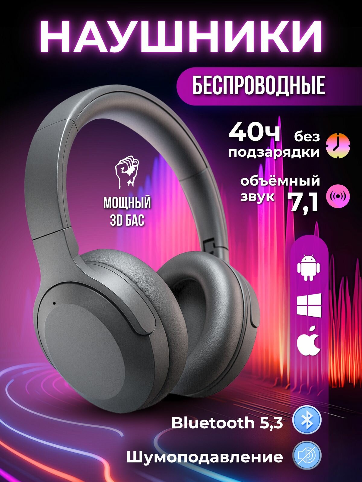 Наушники беспроводные накладные большие полноразмерные с активным шумоподавлением мощным басом и чистейшим звуком Серые