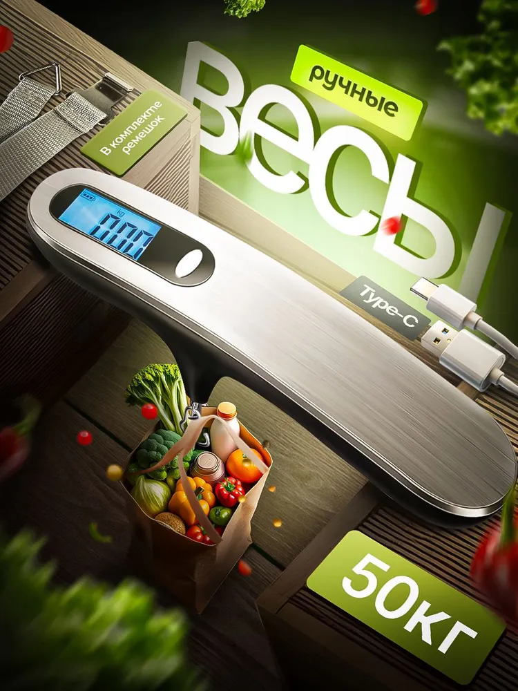 Портативные электронные весы, перезаряжаемые через USB-порт, с крючком, цифровой дисплей