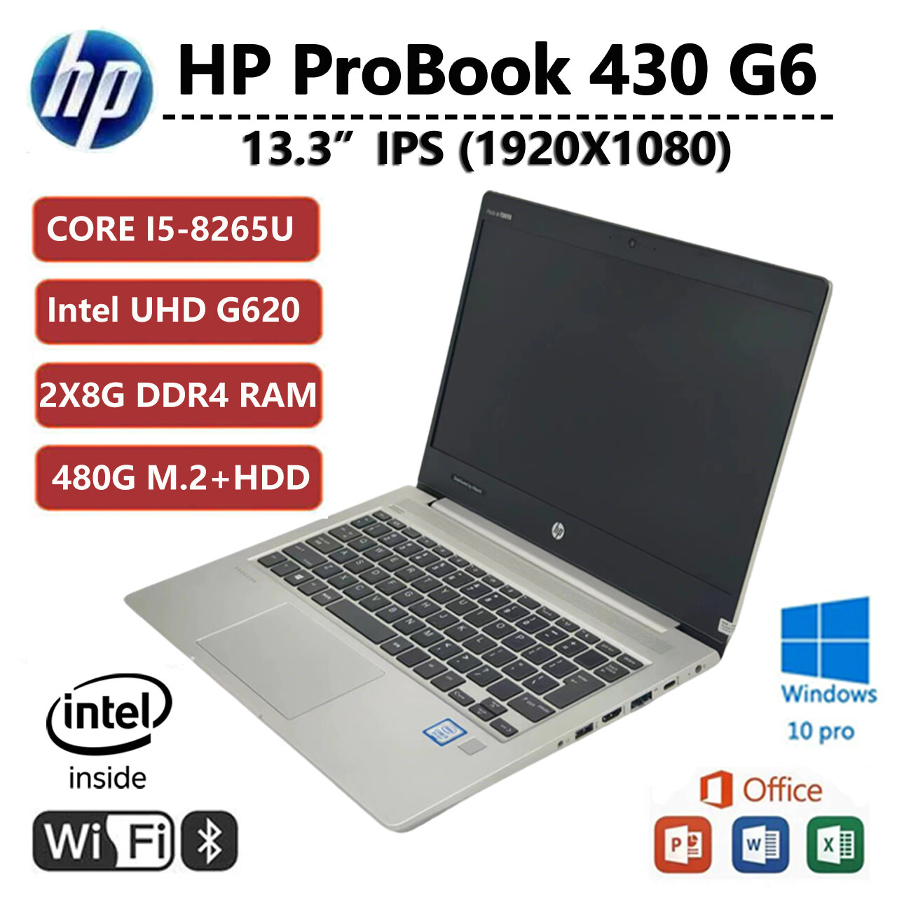 Подержанный ноутбук 13.3" HP Probook 430 G6 ( CORE I5-8265U+2X8GB DDR4 2400 RAM+480G M.2 NVME SSD+500G HDD+Intel UHD 620 Видеокарта+1920X1080 IPS 4K) Win 10 pro