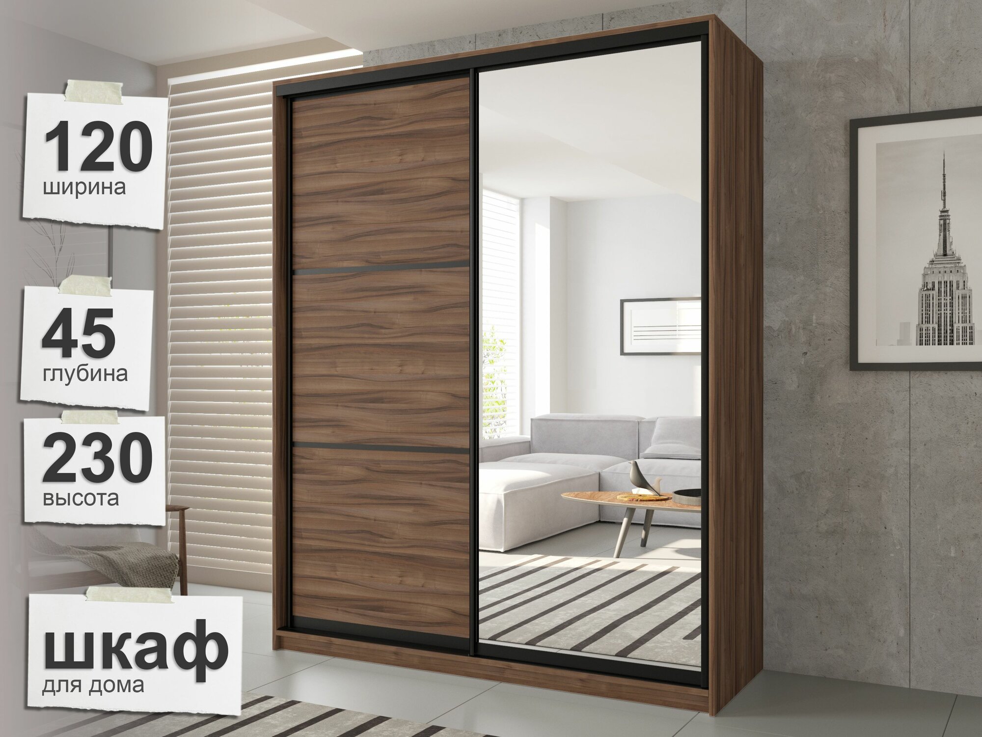 Шкаф-купе 120х45х230см. модель 2 с зеркалами, 2-х или 3-х дверный