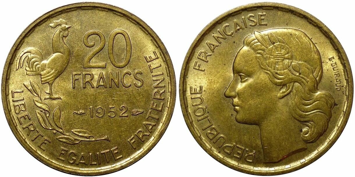 Франция 20 франков, 1950 - 1954 Петух XF