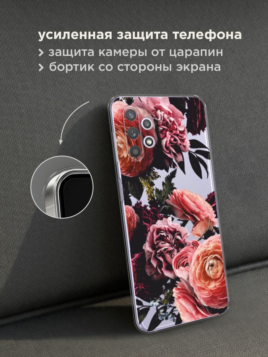 Чехол на Samsung Galaxy A32 / Самсунг Галакси А32 с принтом "Бордовые винтажные цветы", прозрачный — фото 1