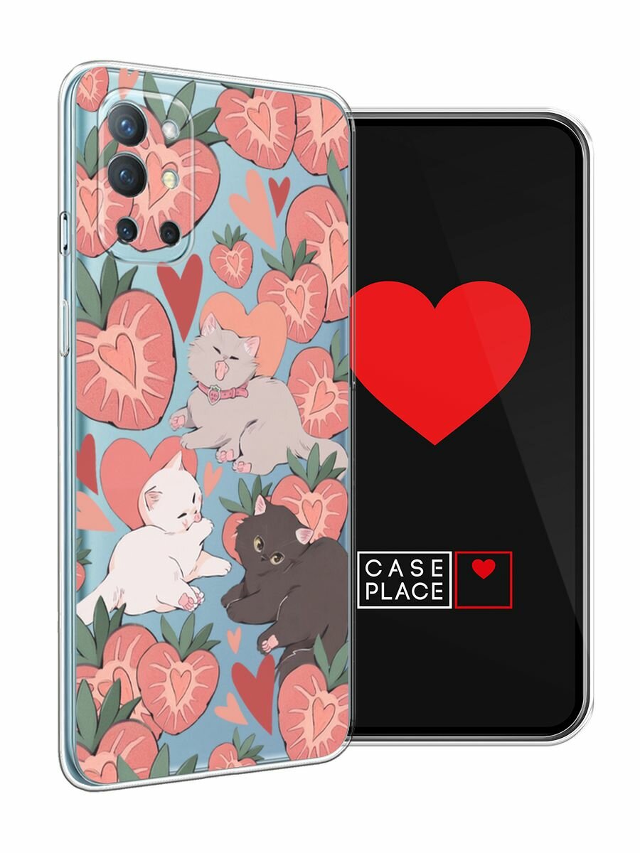 Чехол на OnePlus 9R / ВанПлас 9R с принтом "Клубничные котики", прозрачный — фото 1