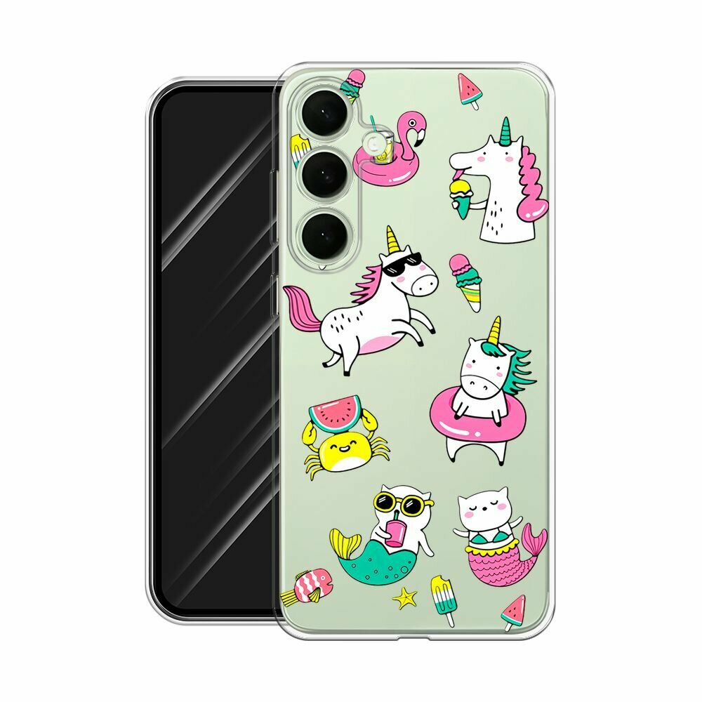 Чехол на Samsung Galaxy S25 Plus / Самсунг S25 Плюс с принтом "Единороги в отпуске", прозрачный — фото 1
