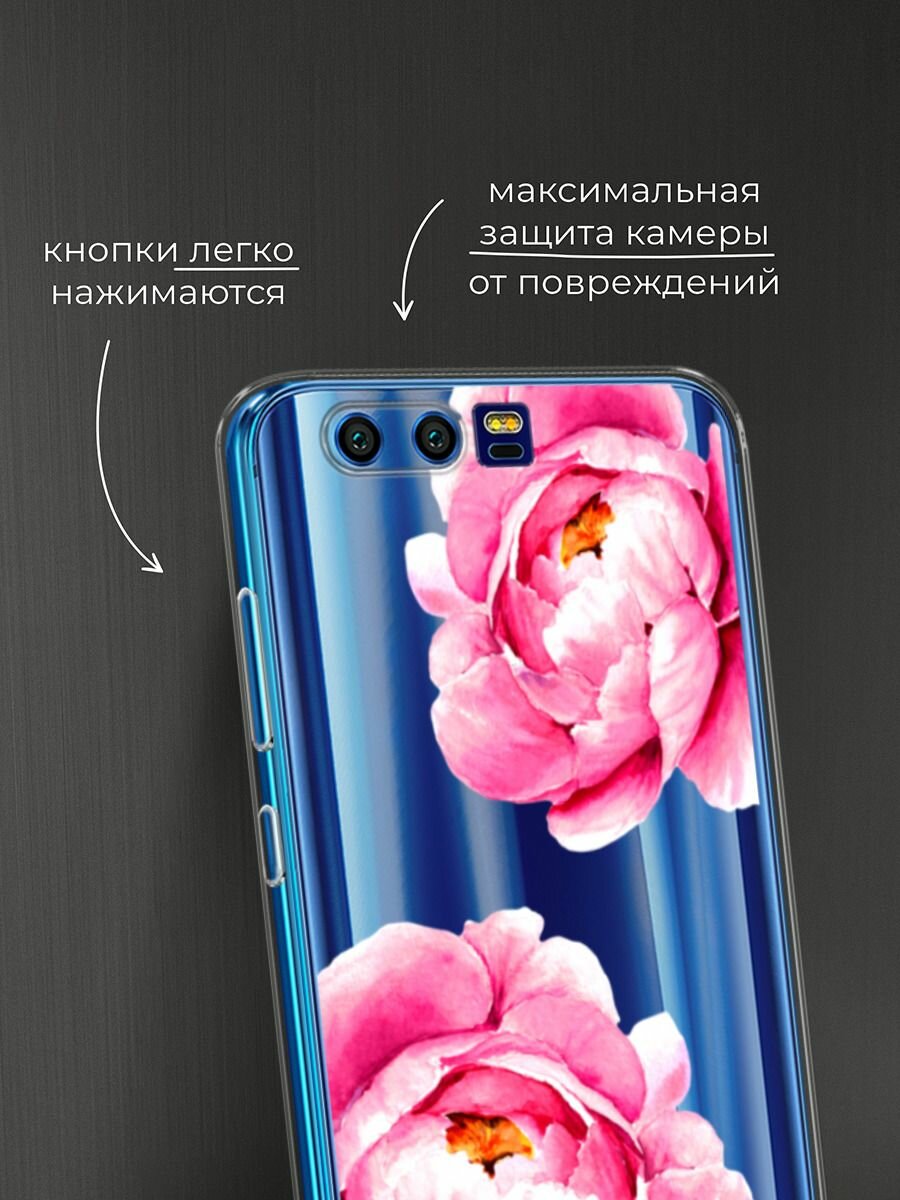 Чехол на Honor 9 / Хонор 9 с принтом "Open peonies", прозрачный — фото 1