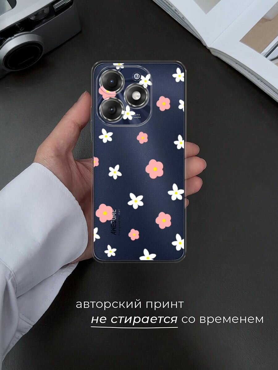 Чехол на Itel A70 / Ител А70 с принтом "Розовые и белые цветы", прозрачный — фото 1