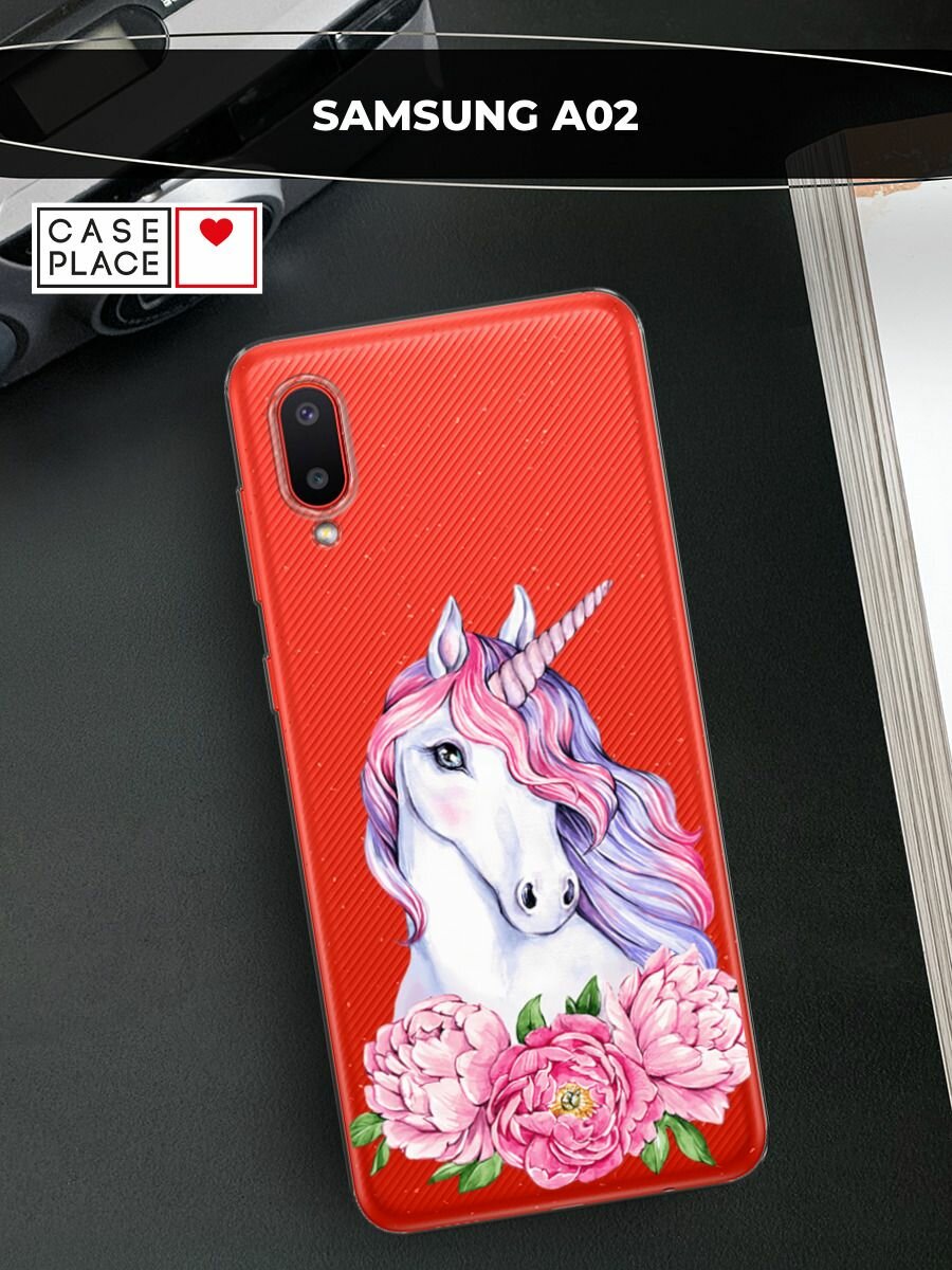 Чехол на Samsung Galaxy A02 / Самсунг Галакси А02 с принтом "Единорог с пионами", прозрачный