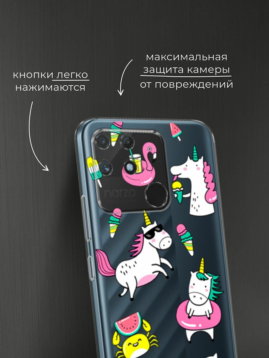 Чехол на Realme Narzo 50A / Реалми Нарзо 50A с принтом "Единороги в отпуске", прозрачный — фото 1