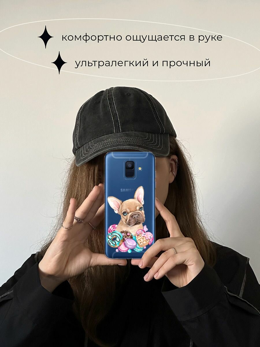 Чехол на Samsung Galaxy A6 / Самсунг Галакси А6 с принтом "Бульдог и сладости", прозрачный — фото 1