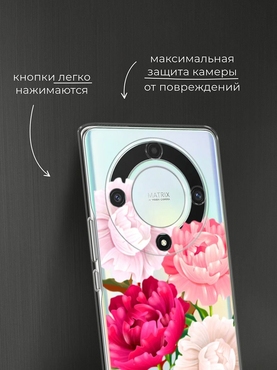 Чехол на Honor X9A / Хонор X9A с принтом "Большие пионы", прозрачный — фото 1