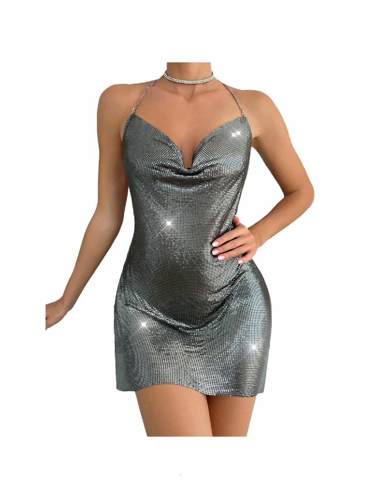 Блестящее платье с пайетками на бретелях и разрезом для вечеринок, Серый - S