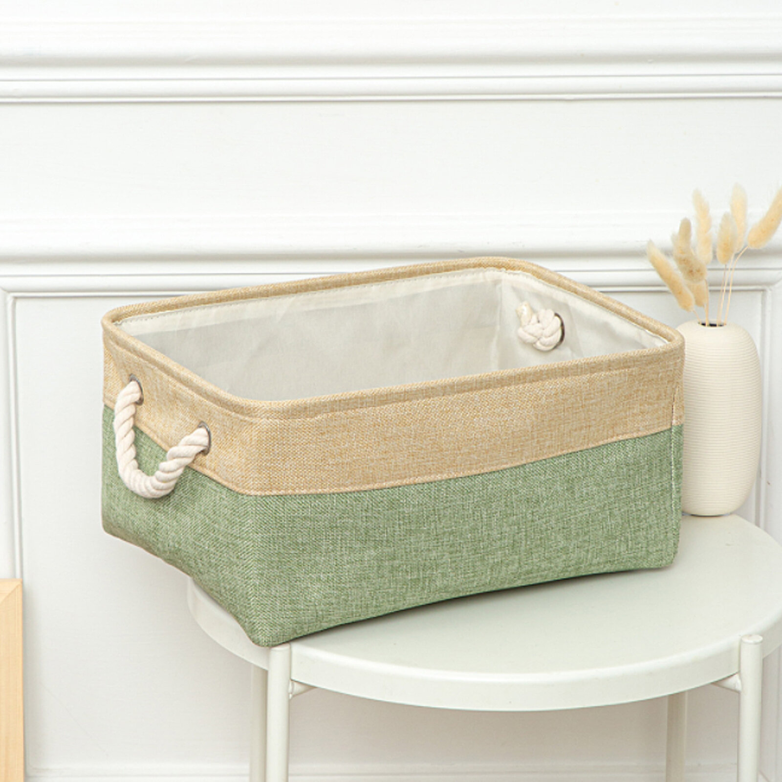 Складная корзина для хранения, зеленая, бежевая, хлопково-льняная ткань, органайзер для одежды, ящик для хранения игрушек с ручками