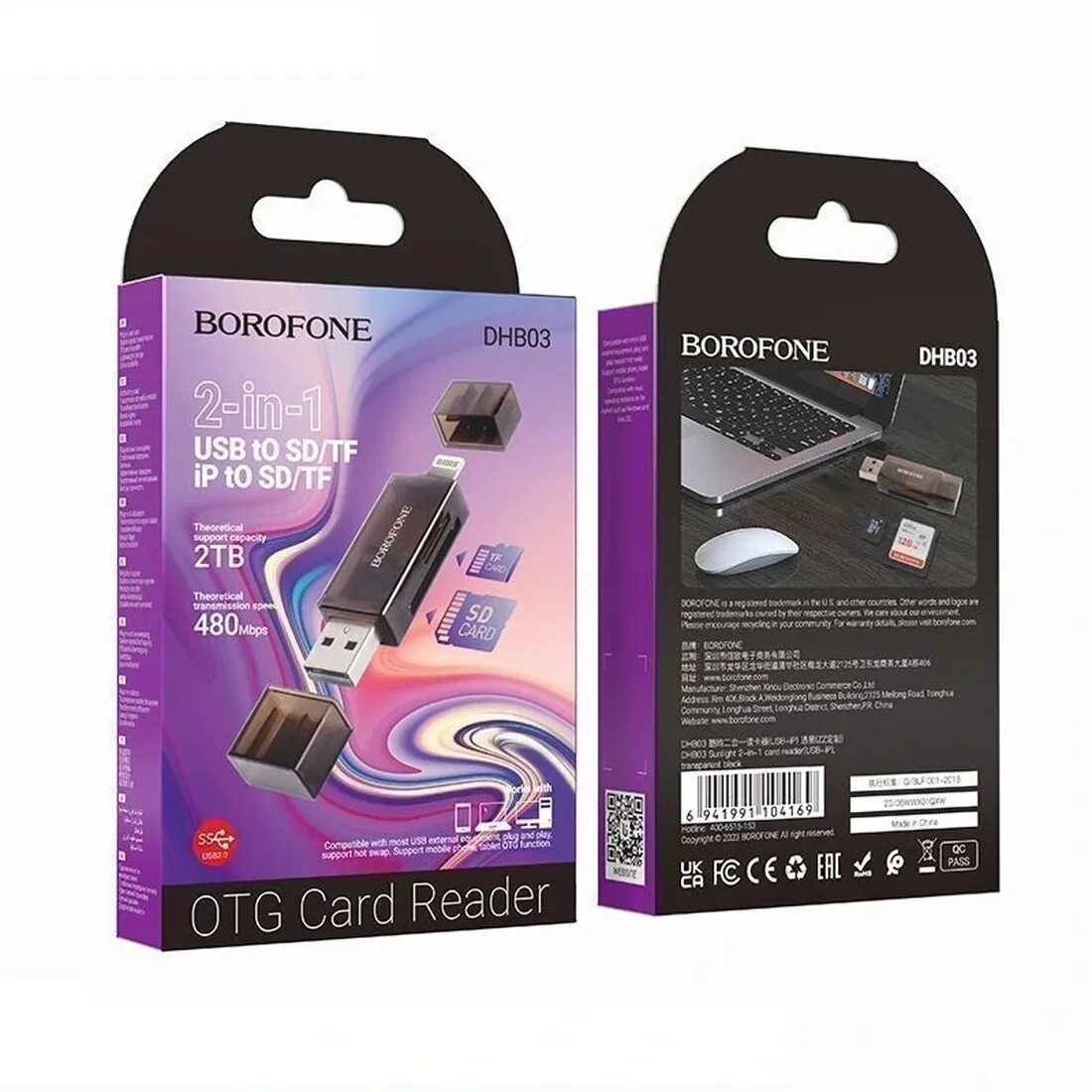 Картридер USB 2.0 - Lightning для MicroSD, SD Borofone DHB03 (чёрный)