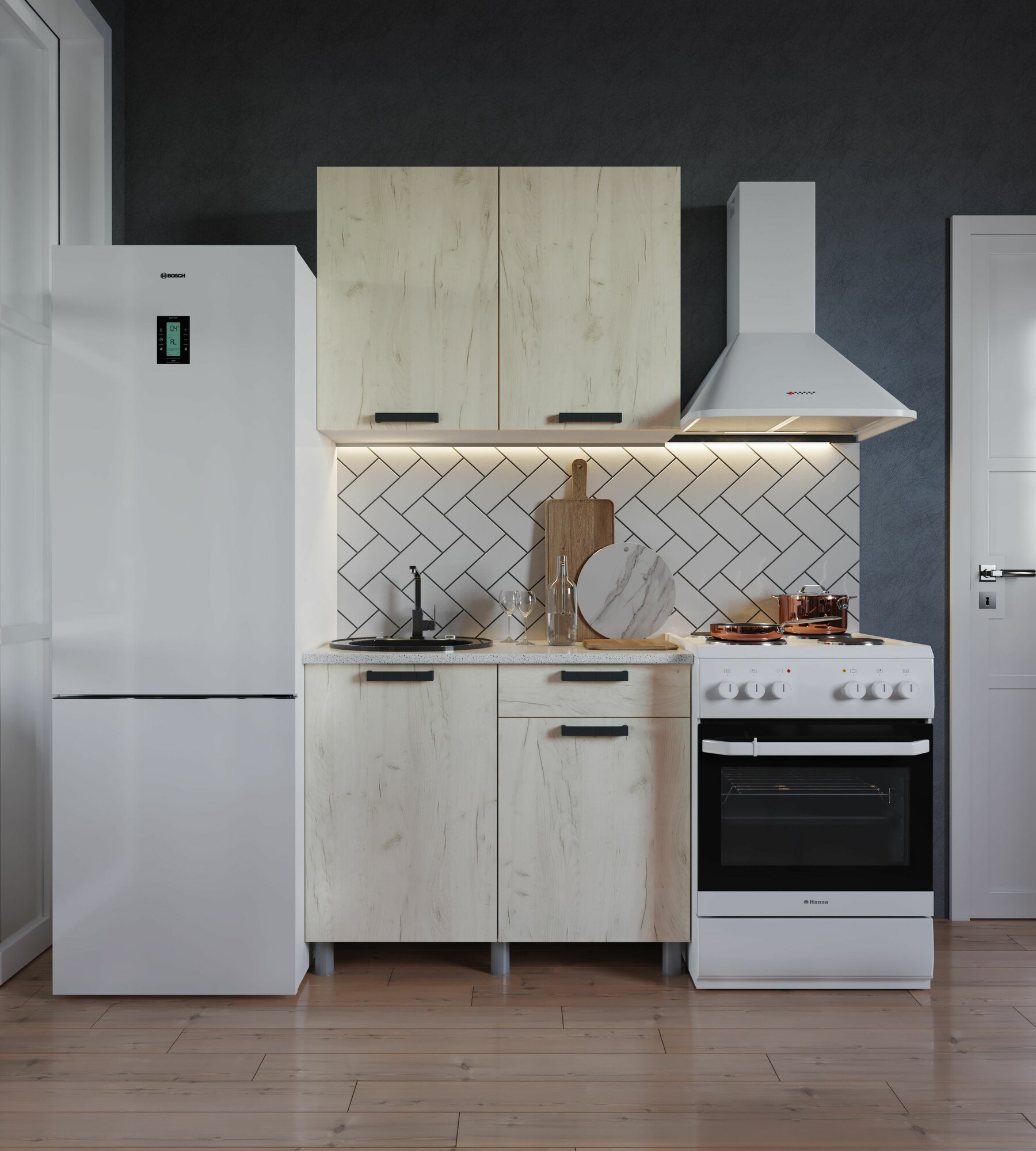 Кухонный гарнитур Диор (Корпус: 1,0 м белый + Фасад: "Диор" 1,0 м Дуб Крафт Белый) (Микон)