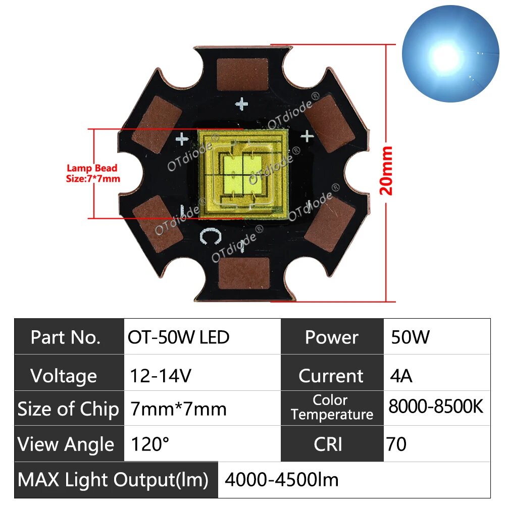 OTdiode 50W LED 12-14V, 8000-8500K, 4000-4500lm