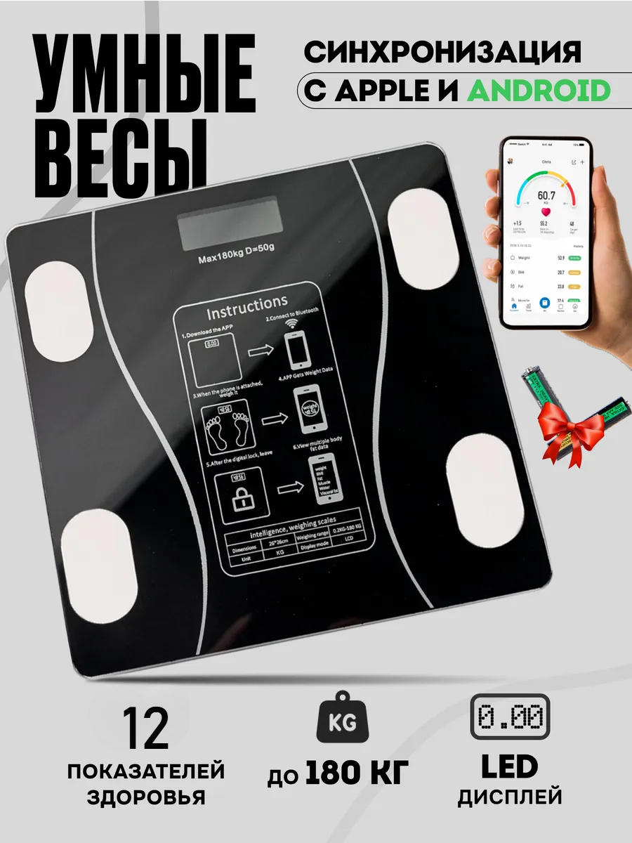 Напольные умные весы c bmi, электронные напольные весы с приложением для Xiaomi, iPhone, Android, цвет черный