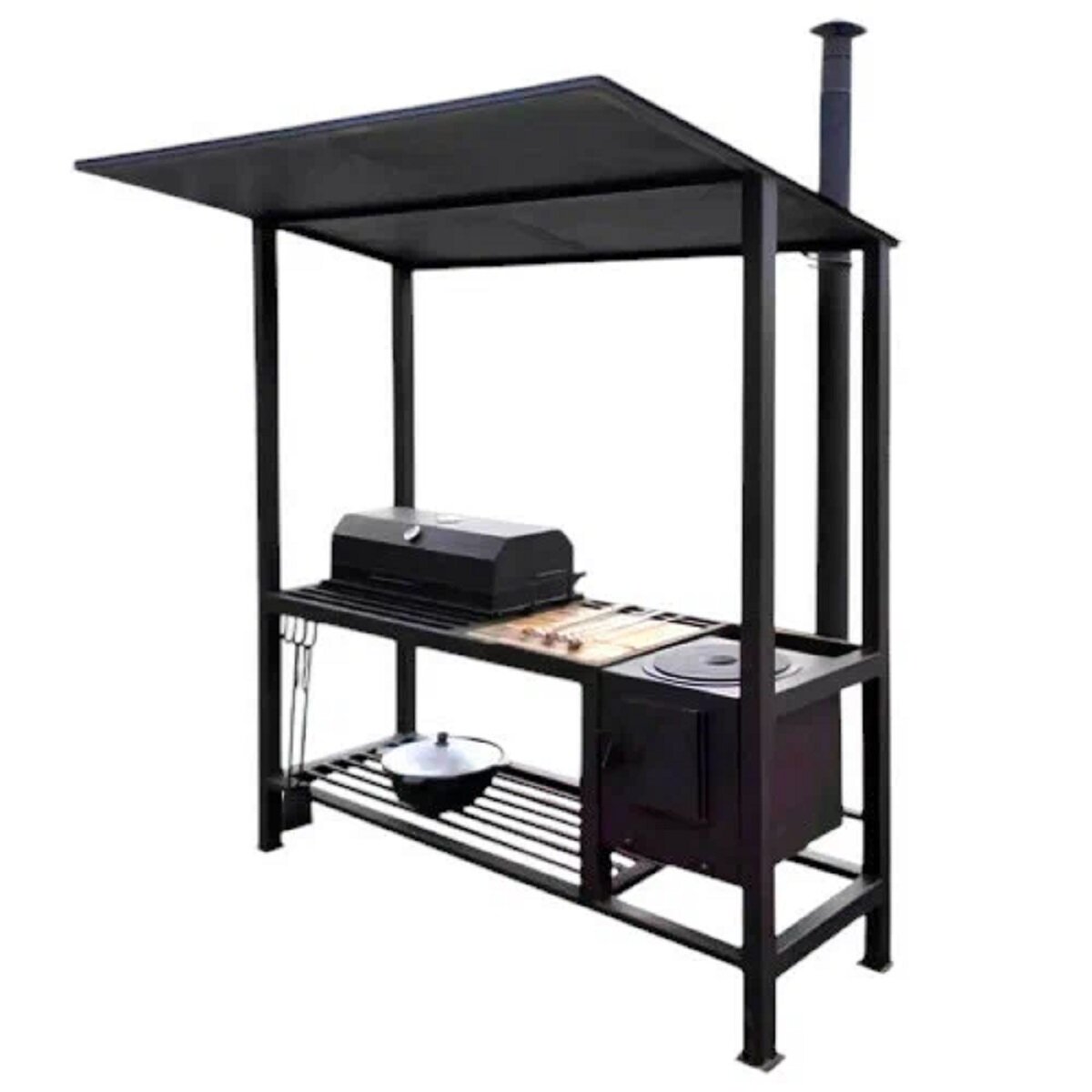 Мангал Лофт–1 с печью, дымоходом и крышкой-барбекю, 190 x 60 x 235 см