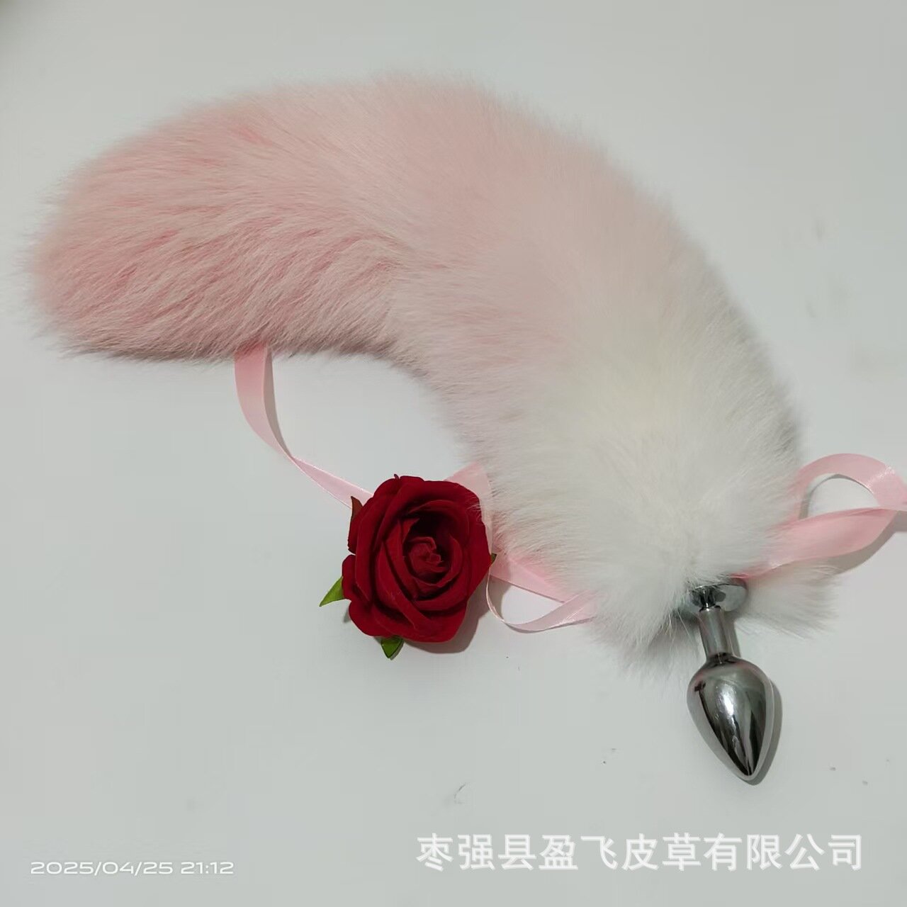 Однокомпонентный анальный тампон из натурального меха лисы с градиентным розовым цветом, съемный металлический анальный