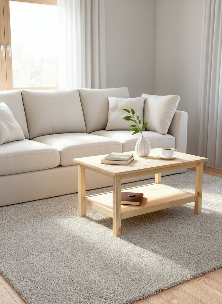 Журнальный столик из массива сосны с полкой, 80*55 см на ножках