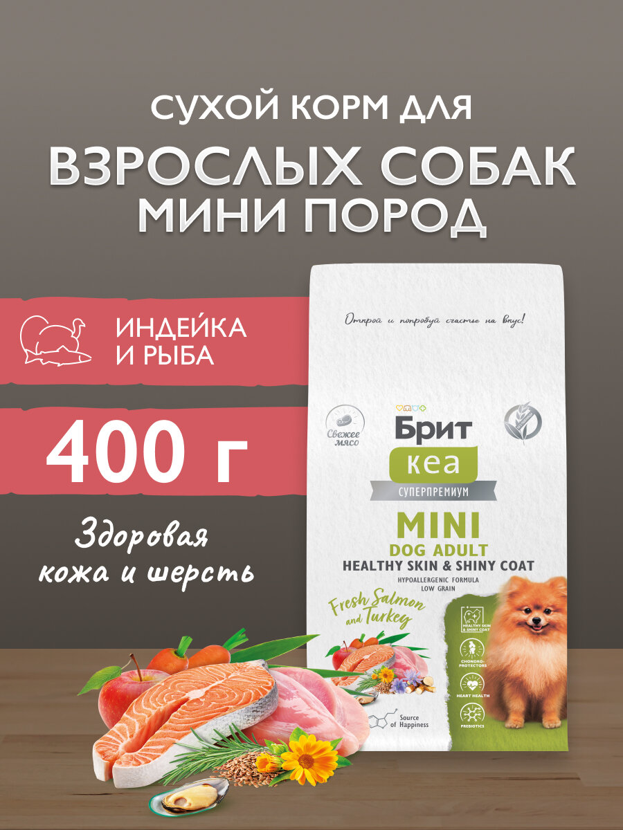 Сухой корм BRIT CARE Mini для блестящей шерсти собак мелких пород, индейка и лосось, 0.4кг
