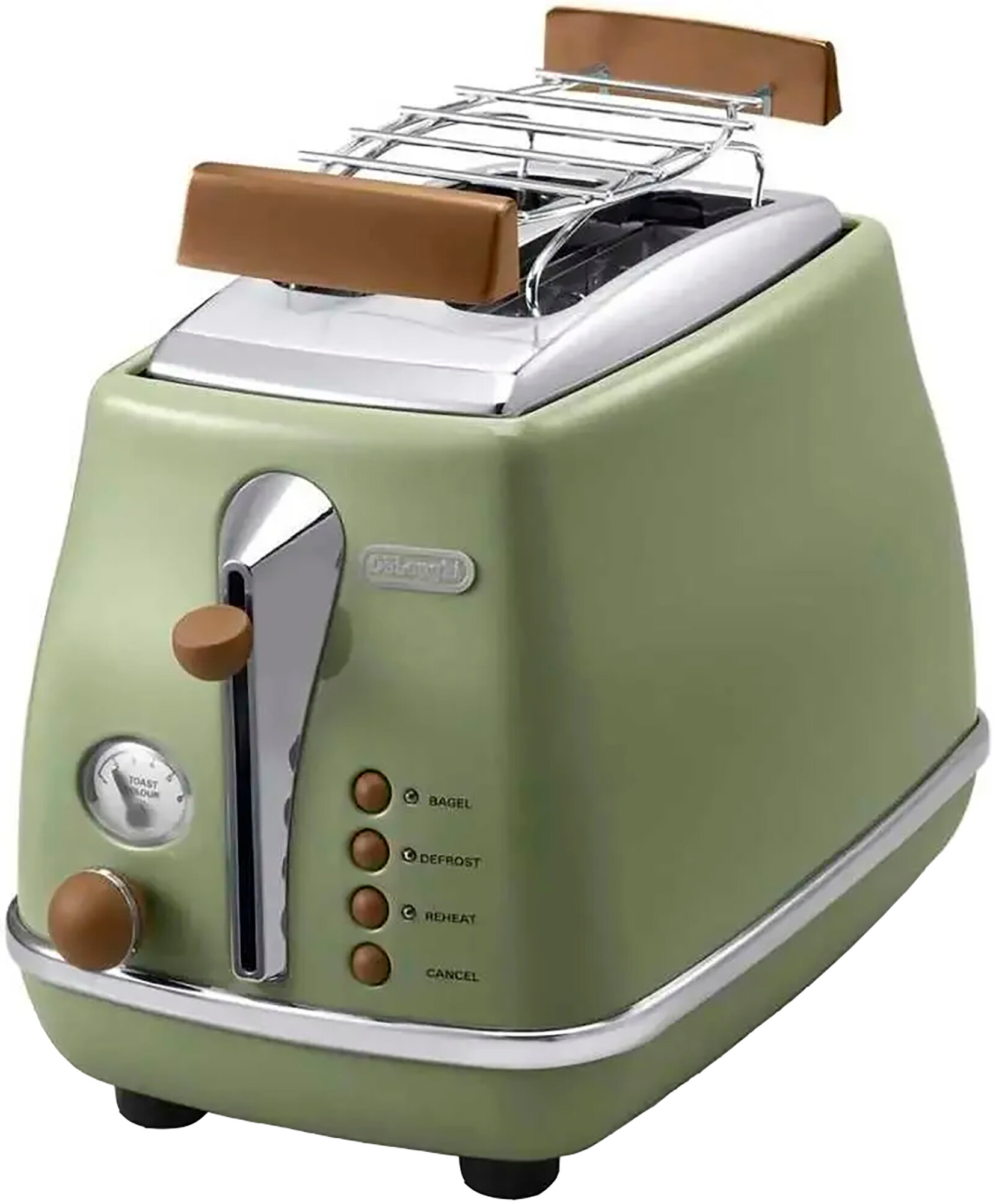 Тостер Delonghi CTOV 2103. GR зеленый, поддон для крошек, решетка для подогрева булочек