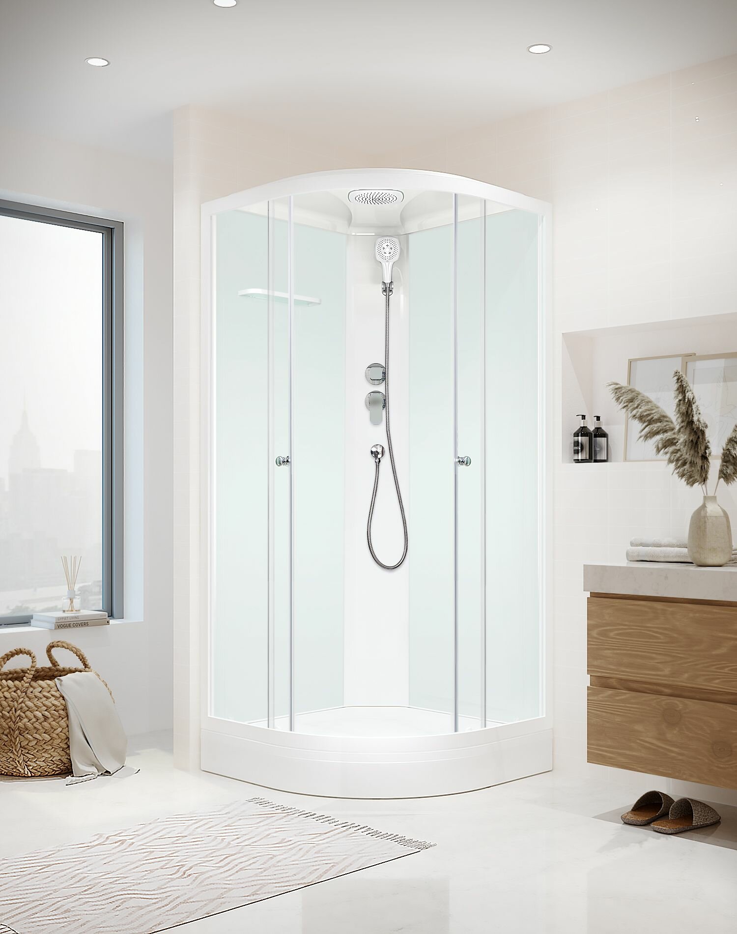 Душевая кабина Delight Slim угловая белая 90х90, прозрачное закаленное стекло 4 мм, с функцией тропический душ