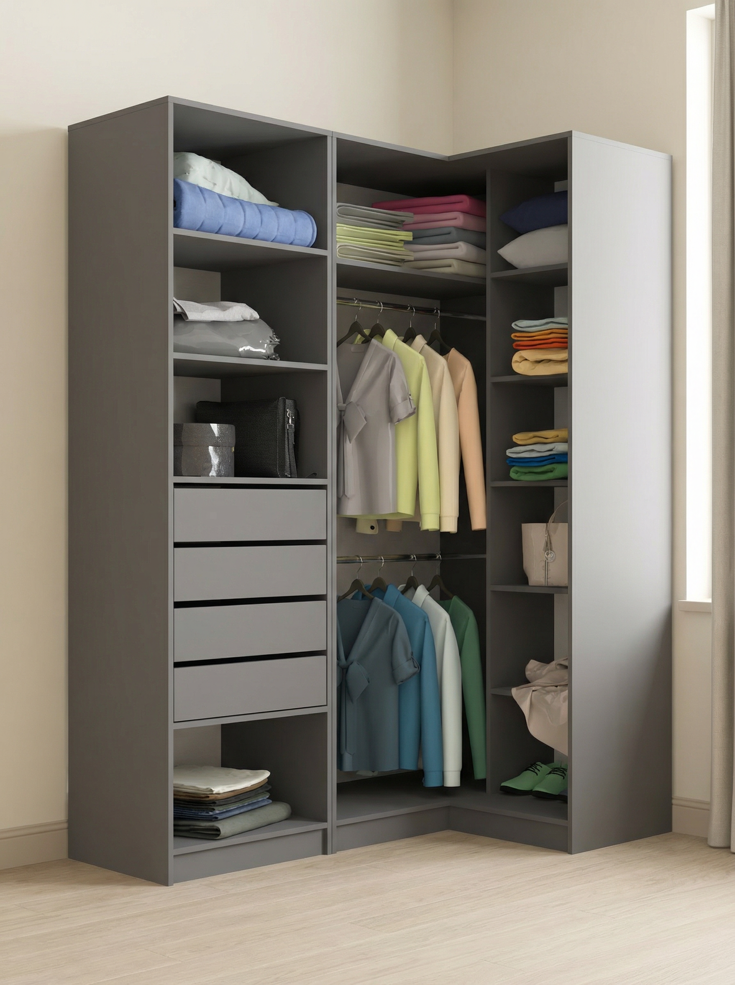 Открытый гардеробный угловой шкаф Макс-14 с 2 штангами для вешалок и 4 ящиками, ШхГхВ: 160х100х210 см, графит